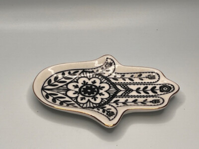 Natural Life Ceramic Hamsa Dish – Elegant Black & White Flowers with ...