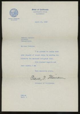 FRANK MERRIAM (1865-1955) signed 1938 letter | Governor California ...