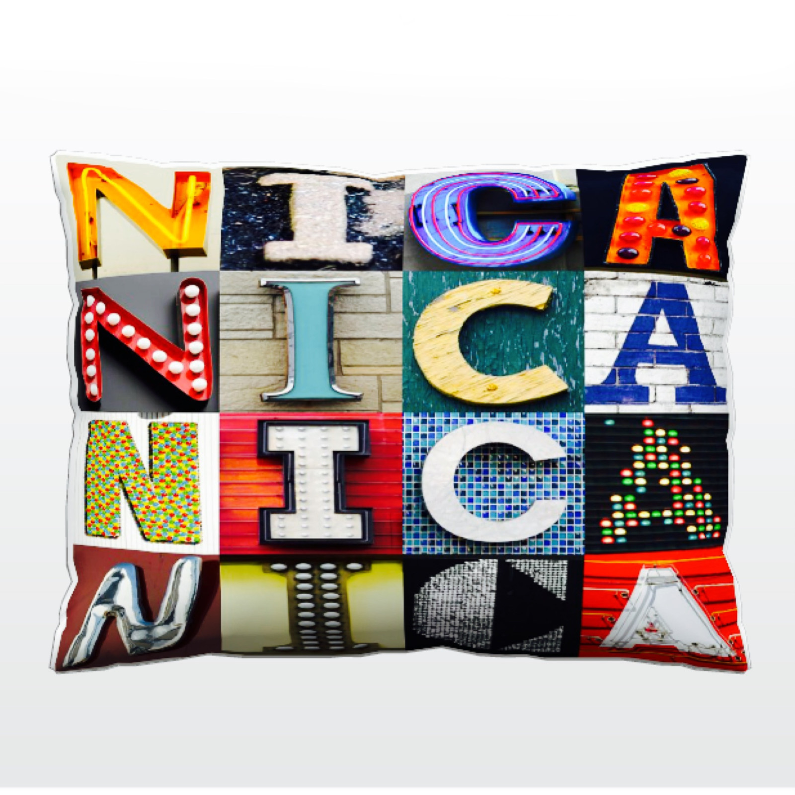 Personalized Pillow featuring the name NICA in photos of sign letters ...