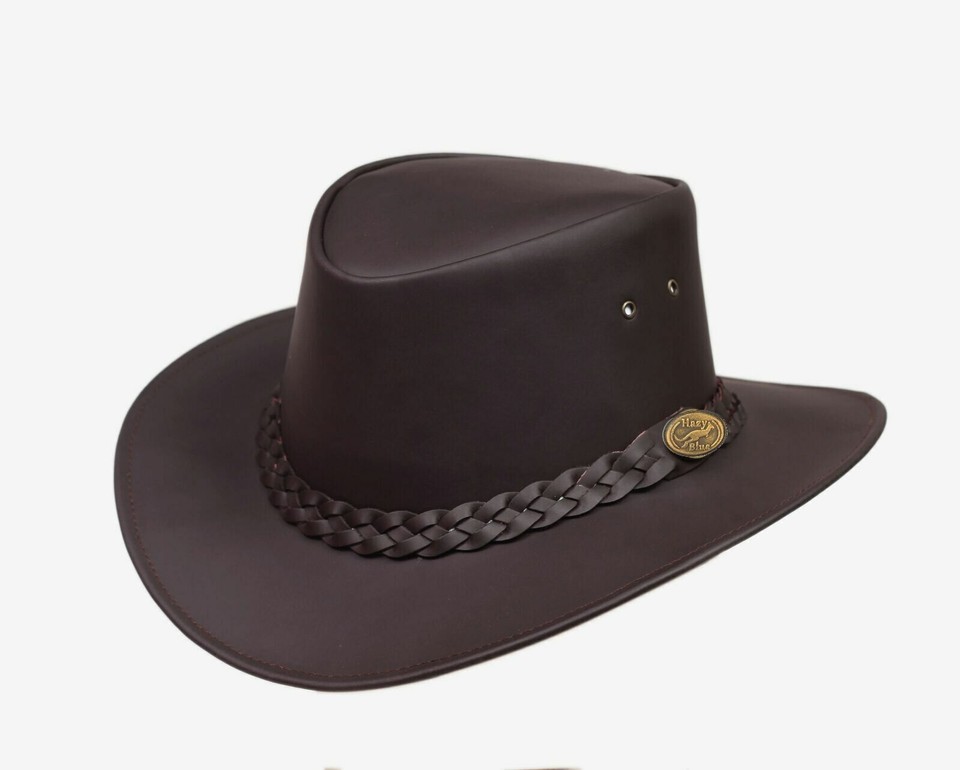 Hazy Blue Aussie Style Outback Leather Bush Wide Brim Hat Waterproof ...