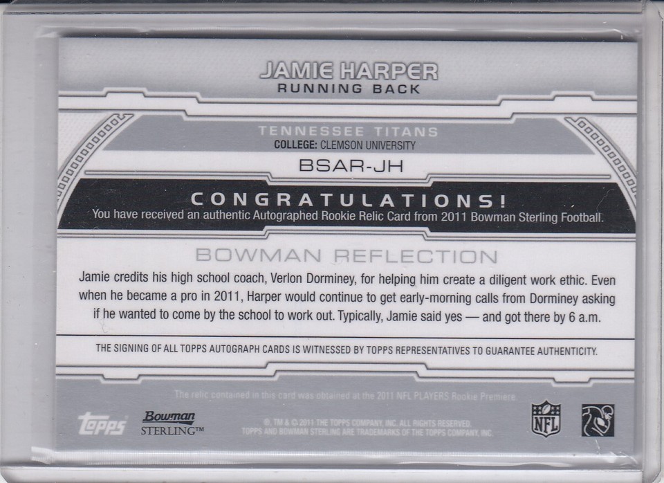 JAMIE HARPER 2011 Bowman Sterling Jersey Autograph #BSARJH RC Titans | eBay