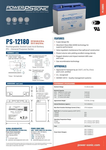 Power-Sonic PS-12180 UPS Battery - 12 Volt, 18ah for sale online | eBay