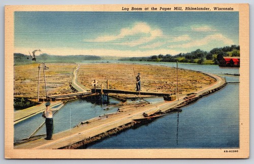 Rhinelander Wisconsin~Log Boom @ Paper Mill~Linen Postcard | eBay UK