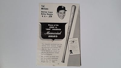 Ted Williams AL Champ 1959 Louisville Slugger Bud Hillerich Award Sheet ...