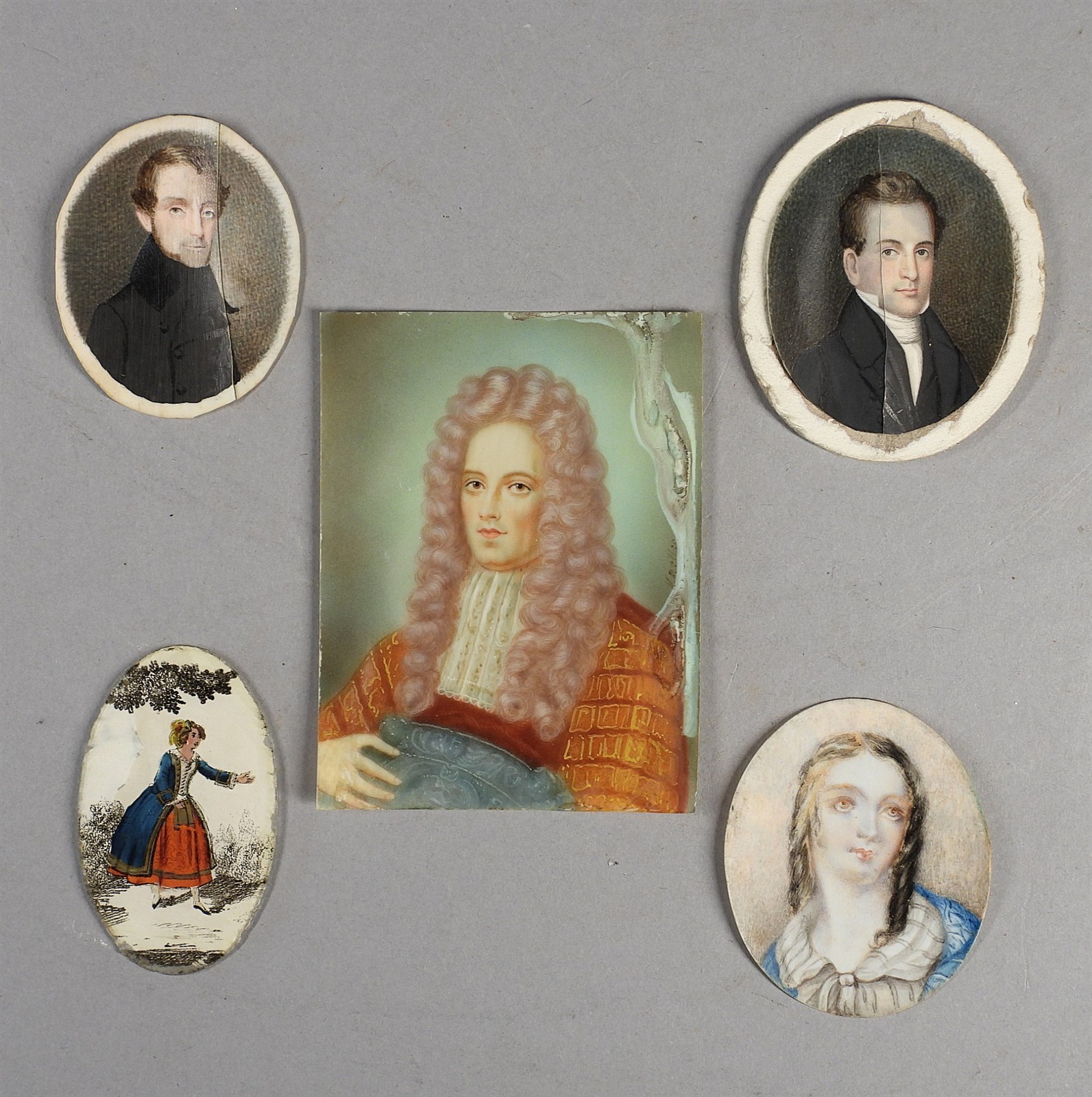 5- Antique 18-19thC. American & European Folk Art Miniature Portrait ...