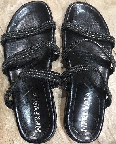 Wm’s Vintage PREVATA BLACK LEATHER SANDAL SLIDES 3 STRAPS METALLIC ...