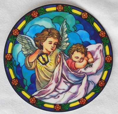 GUARDIAN ANGEL W/ BABY vinyl Catholic Window Decal like stained glass ...