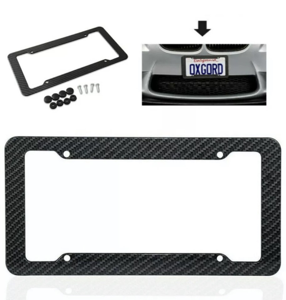 Black Car Carbon Fiber License Plate Frame Cover Front & Rear Universal ...