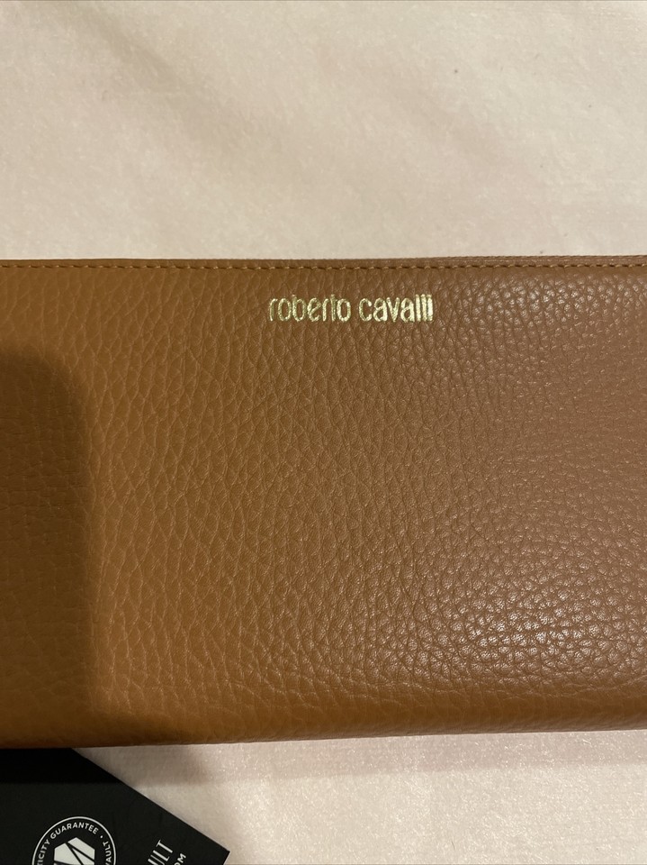 New Roberto Cavalli Zip Wallet Chestnut Pebbled Leather With Zipper For ...