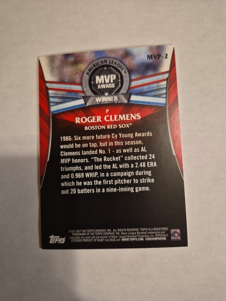ROGER CLEMENS 2017 TOPPS UPDATE SERIES MVP AWARD #MVP-2 FREE SHIPPING ...