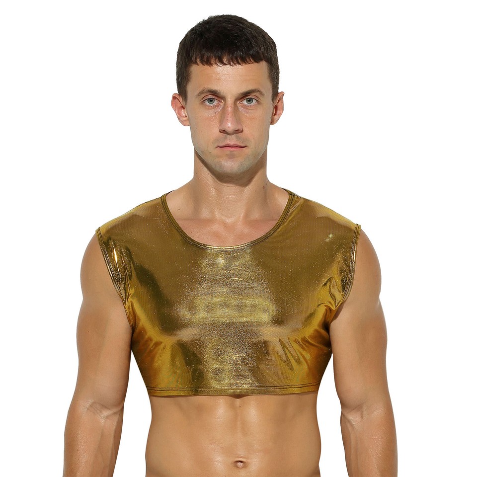Men's Leather Tank Tops Sleeveless Shiny Metallic Rave Clubwear Muscle ...