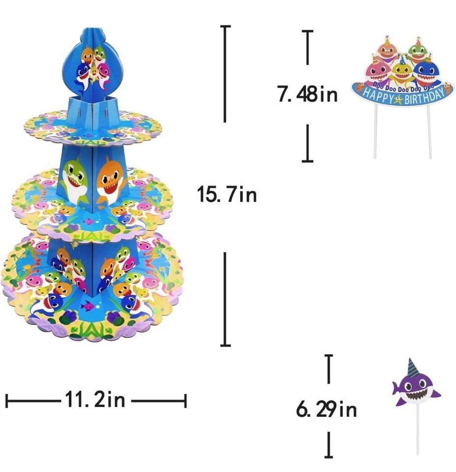 3-teir Baby Shark Cupcake stand (Doo Doo) with cupcake toppers ...