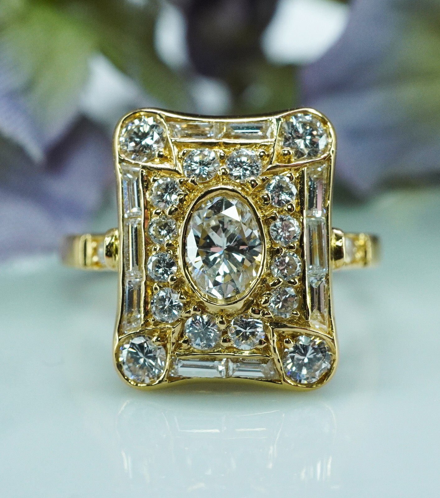 French Oval Baguette Diamond 18K Gold Picture Frame R… - Gem