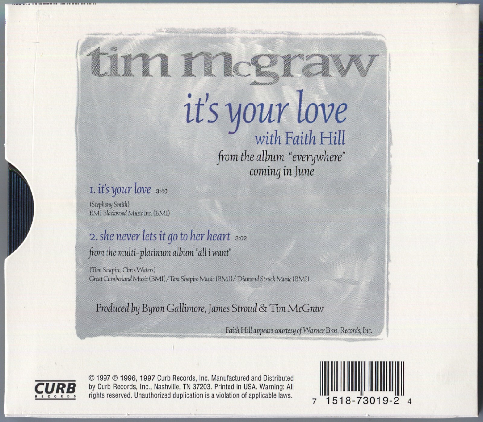 TIM McGRAW and FAITH HILL It's Your Love CD SINGLE 0124 715187301924| eBay