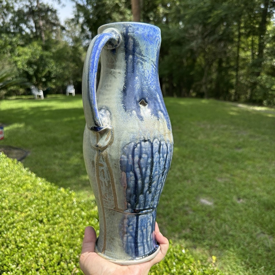 Tim Sherman Studio Pottery Pitcher Wood Fired Blue Drip Ash Glaze ...