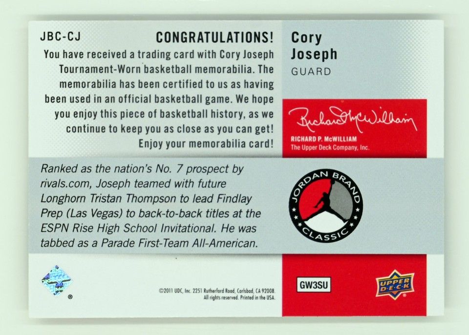 2011-12 SP Authentic #JBC-CJ Cory Joseph Jordan Brand Findlay College ...