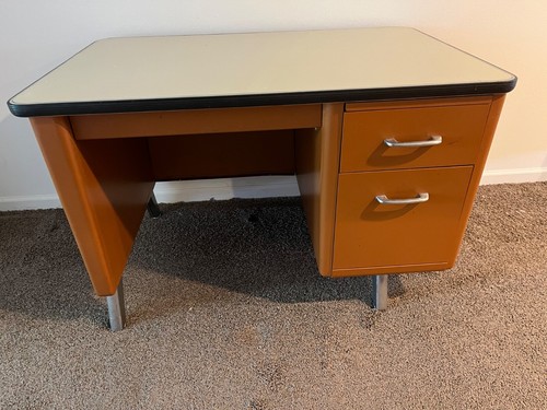 Vintage Mid Century Modern Steel Tanker Desk 3-Drawers terra cotta w ...