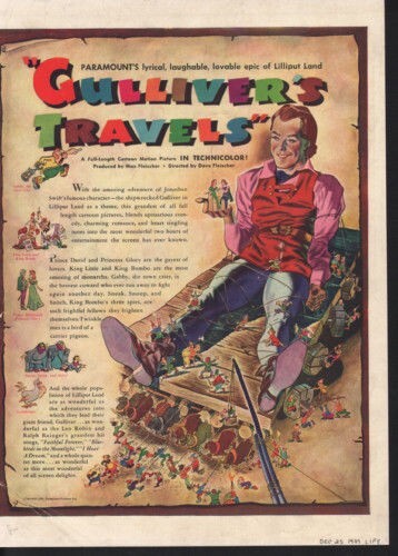 1939 GULLIVERS TRAVELS LILLIPUT JONATHAN SWIFT CARTOON MOVIE FILM AD ...