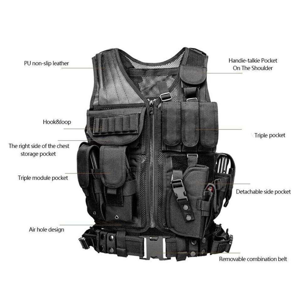 Military Tactical Vest with Gun Holster Molle Police Assault Combat ...
