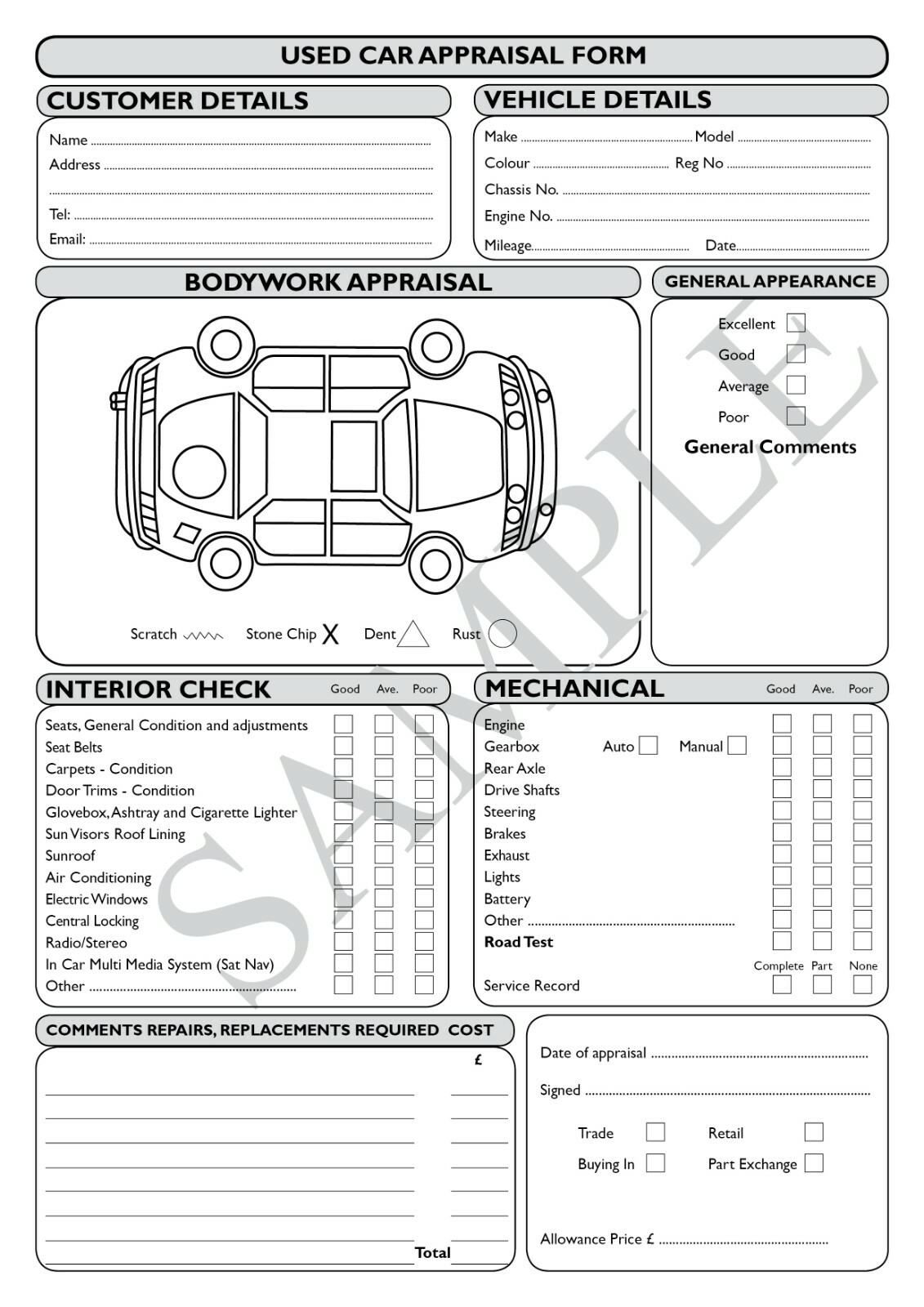 Used Car Appraisal Form / Report Form Pad A4 2 part carbonless 50 sets ...