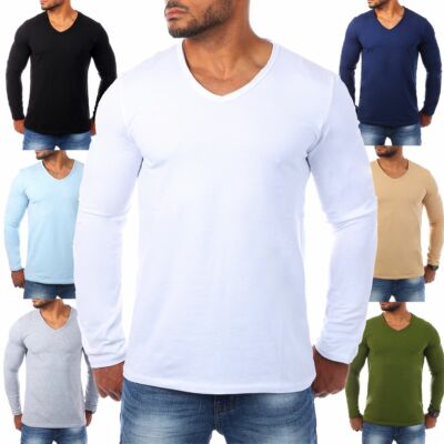 Carisma Herren Longsleeve Uni Basic langarm T-Shirt tiefer V-Ausschnitt ...