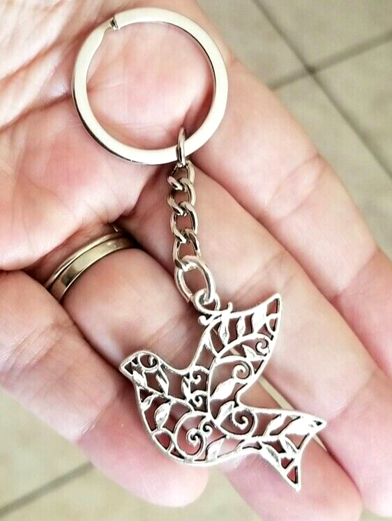 Christmas Keychain, Large Filigree Dove Keychain Dove of Peace Key Ring ...