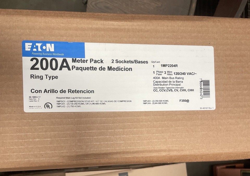 Eaton 1MP2204R 400A Two Meter Socket Main Electrical Panel Pack 2x 200 ...