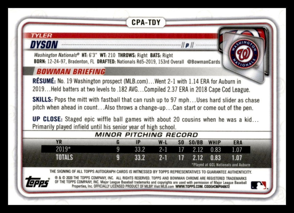2020 Bowman Chrome Tyler Dyson Prospect Autographs 1st #CPA-TDY | eBay
