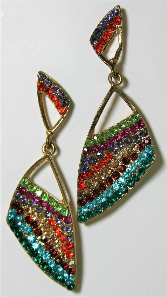 VINTAGE RAINBOW CRYSTAL STUDDED MULTI COLOR RHINESTONE DROP EARRINGS ...