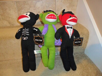 New Lot of 3 Sock Monkey Halloween squeaky Dog pet toy Devil Skeleton ...