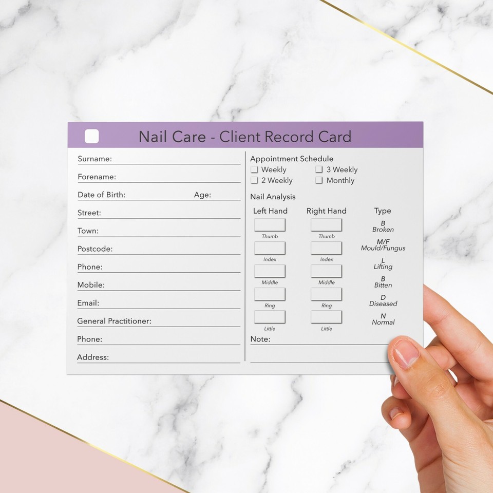 Nail Care Client Record Card Treatment Consultation Pedicure Manicure ...