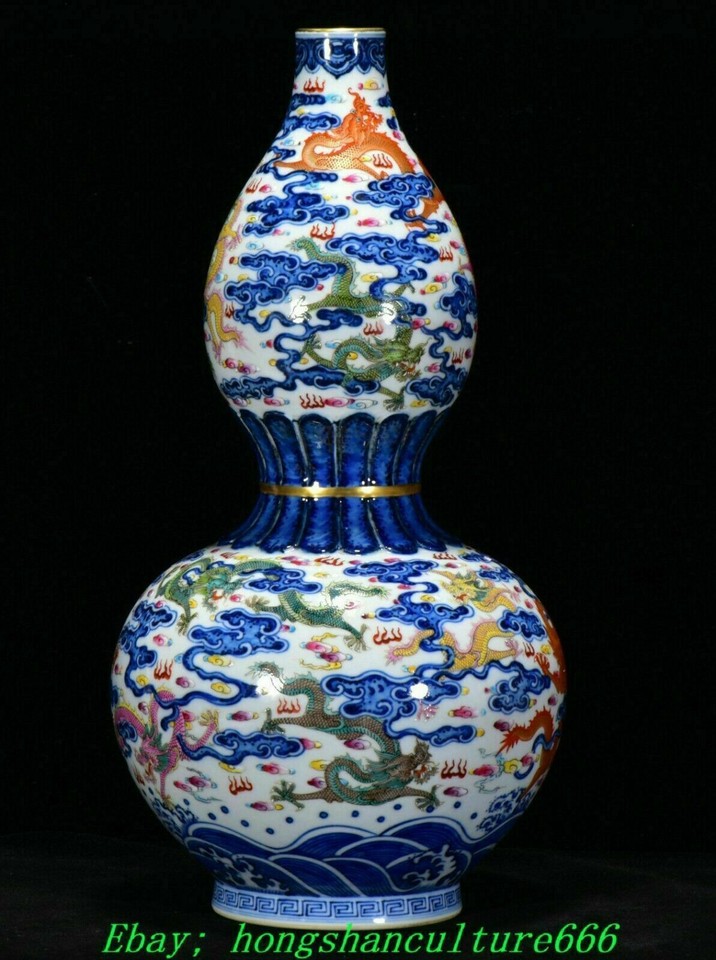 13"Old Qing Qianlong Blue White Color Porcelain Dragon Gourd Vase ...