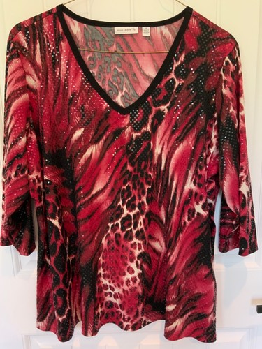 SUSAN GRAVER Womens Plus Size 3X Red Animal Print Sequin V-Neck Top NEW ...