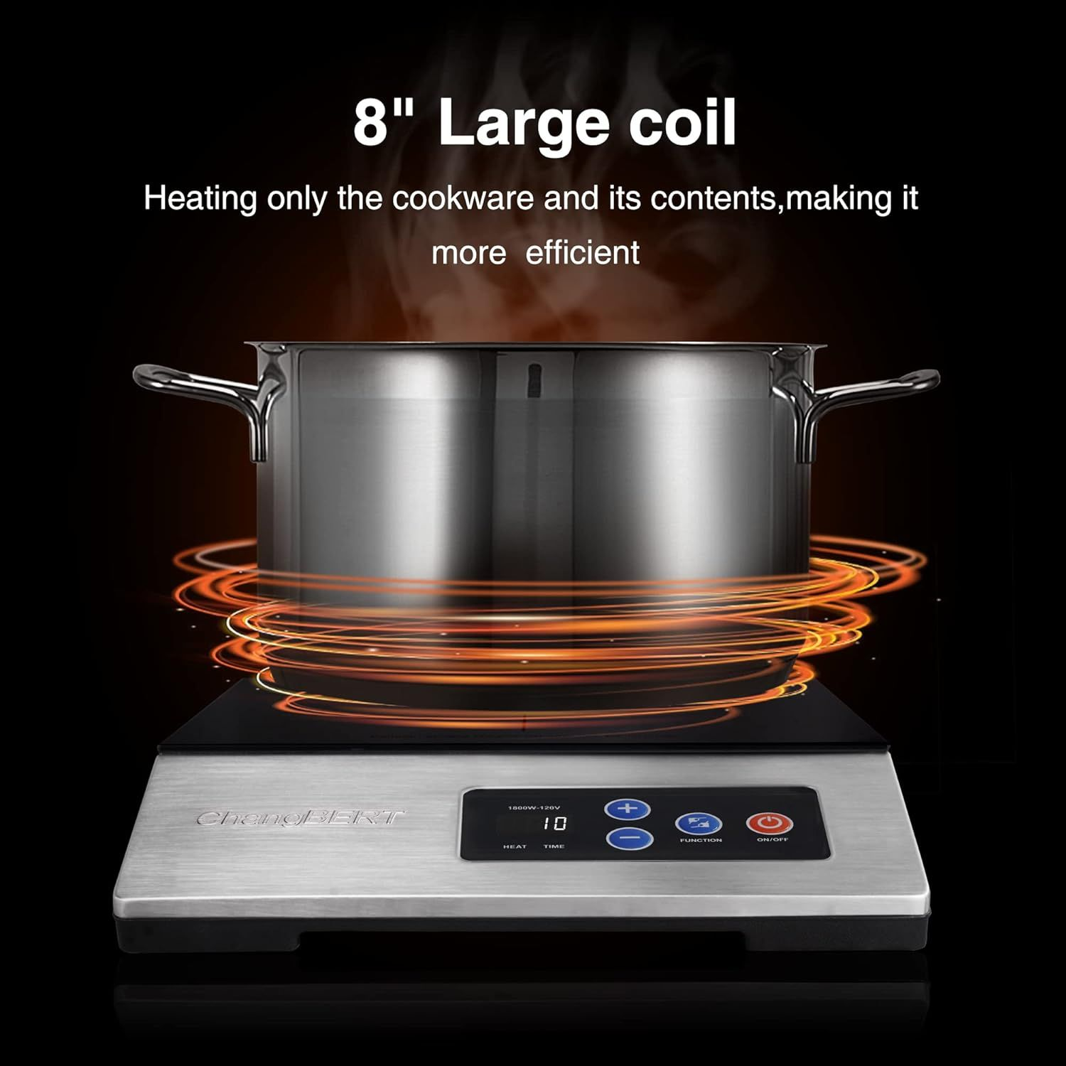 ChangBERT 1800W Induction Cooktop, Portable, Large 8” Heating Stainless ...