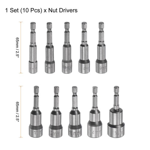 1/4" Quick-Change Hex Shank 6-15mm Magnetic Nut Driver Bit Set of 10 ...