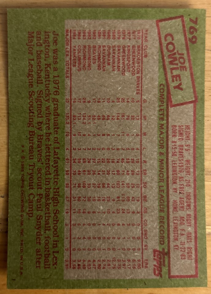 1985 Topps Joe Cowley Baseball Card #769 Yankees Pitcher Mid-Grade EX O ...