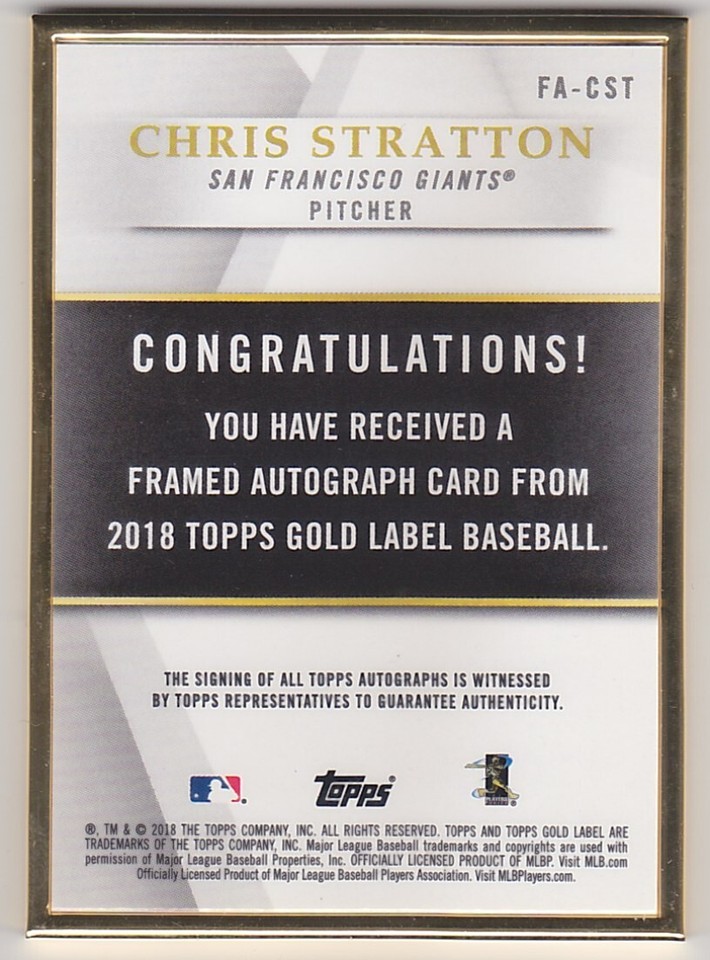 Chris Stratton 2018 Topps Gold Label Framed Autograph #FA-CST Rookie RC ...