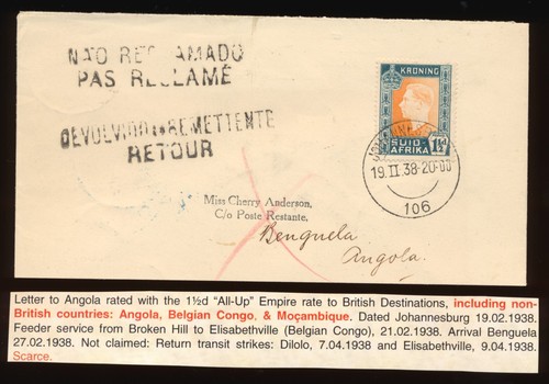 SOUTH AFRICA 1938 UNCLAIMED COVER TO ANGOLA VIA BELGIAN CONGO DILOLO ...