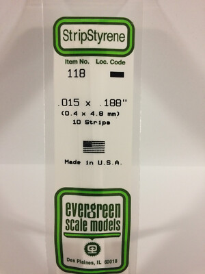 NEW Evergreen Scale Models #118 Strip Styrene .015 x .188 x 14 in 10 Pk ...