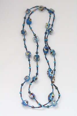 Vintage Turquoise Blue Iridescent Foil Art Glass & Micro Bead Necklace ...