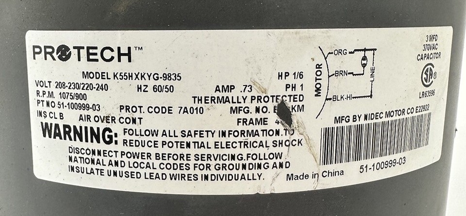 Emerson Rheem RUUD 1/6 HP 230v FAN MOTOR K55HXKYG-9835 | eBay