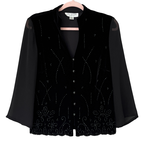 JR Nites Carol Lin Womens Velvet Beaded Top Size 8 Black Sheer Sleeve ...