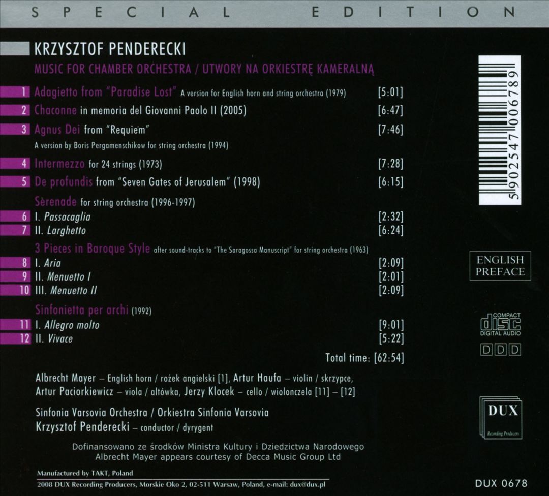 KRZYSZTOF PENDERECKI PENDERECKI: MUSIC FOR CHAMBER ORCHESTRA NEW CD ...