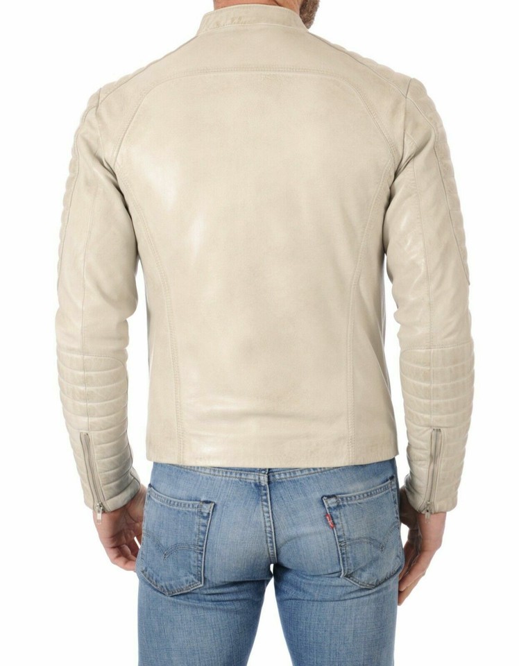 Cream Color Men's Leather Jacket Genuine Lambskin soft Leather Biker ...