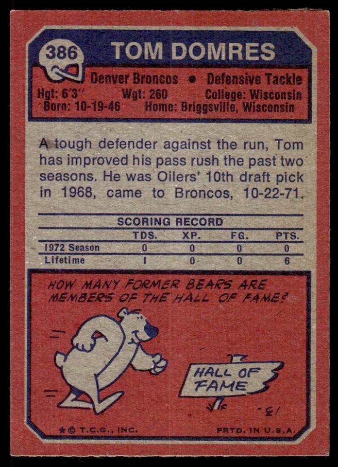 1973 TOPPS TOM DOMRES DENVER BRONCOS #386 | eBay