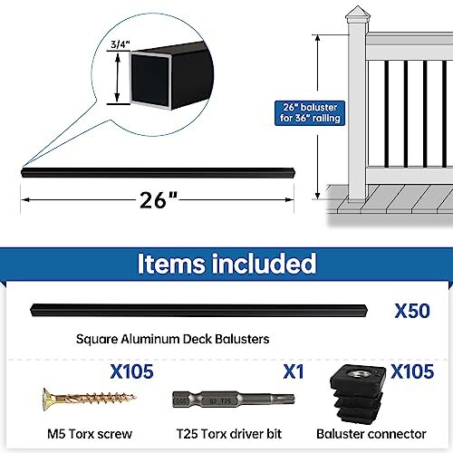 Pack 26"x3/4" Aluminum Deck Balusters Square Black Deck Railing Stair ...