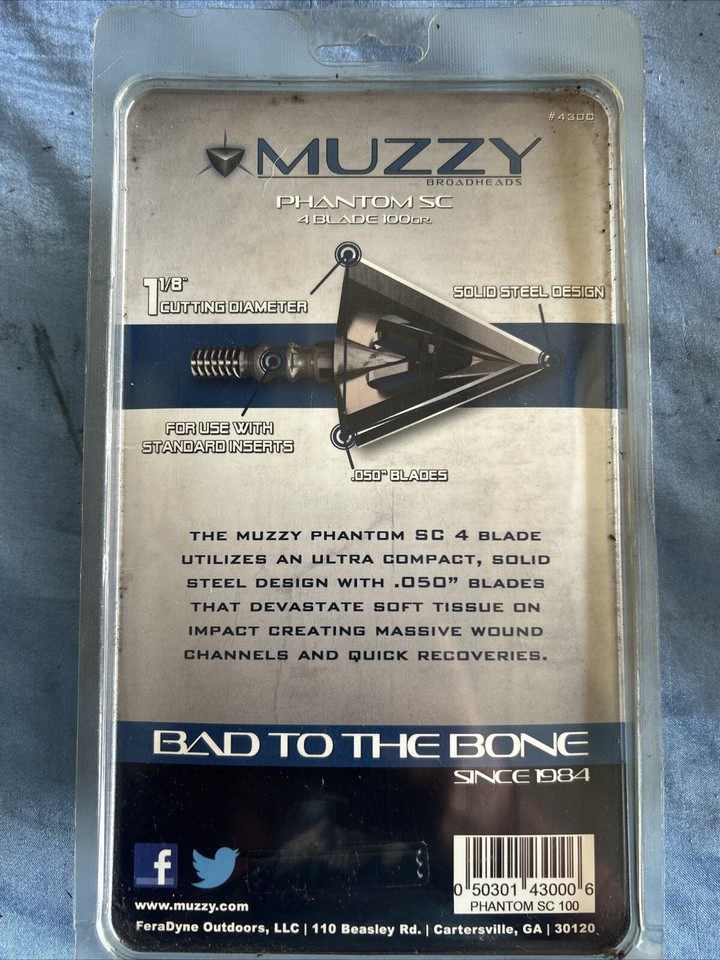 Muzzy Phantom SC 100 Grain: 4 Blade Steel Broadheads 3 Pack: 1 1/8" Cut ...