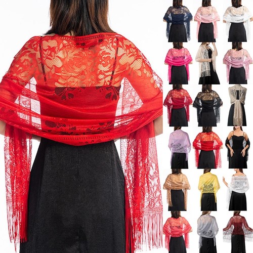 Pretty Sheer Tulle Lace Shawl Scarf with Tassels for Evening Party ...