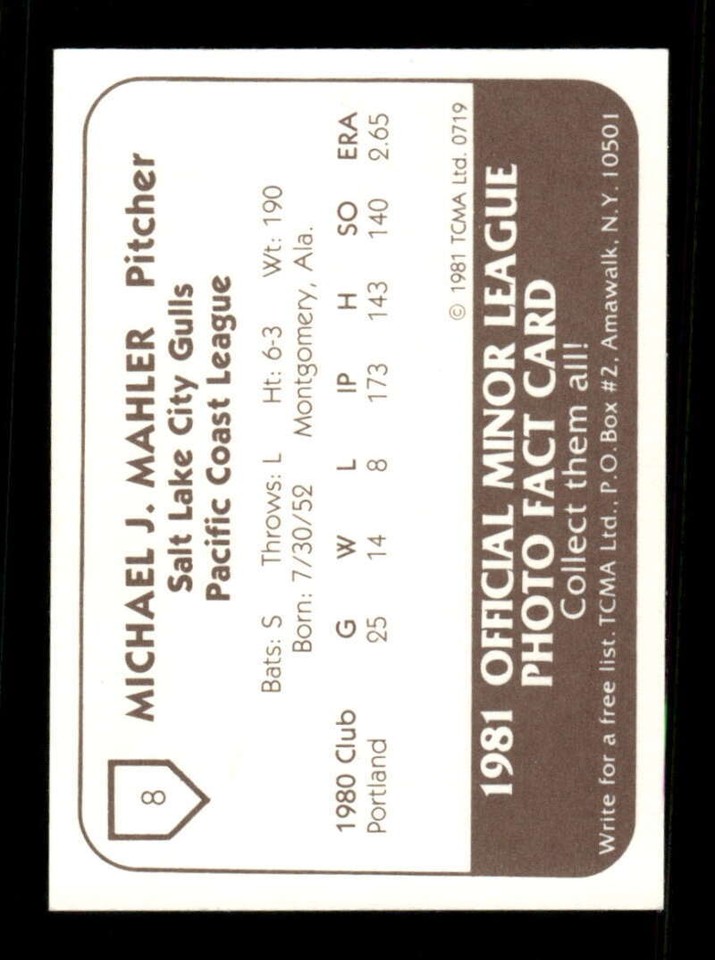 1981 TCMA Salt Lake City Gulls 8 Mickey Mike Mahler signed auto ...