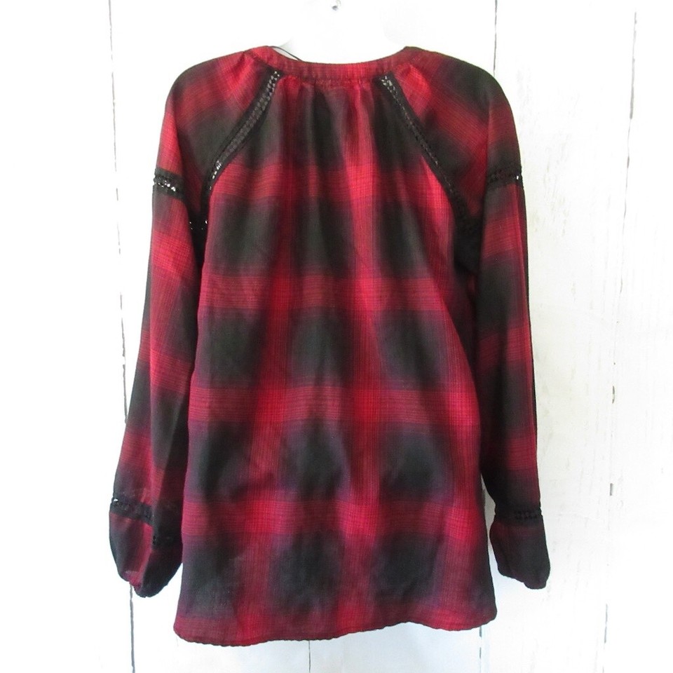 Knox Rose Top S Small Red Black Plaid Popover Crochet Tassel Long ...